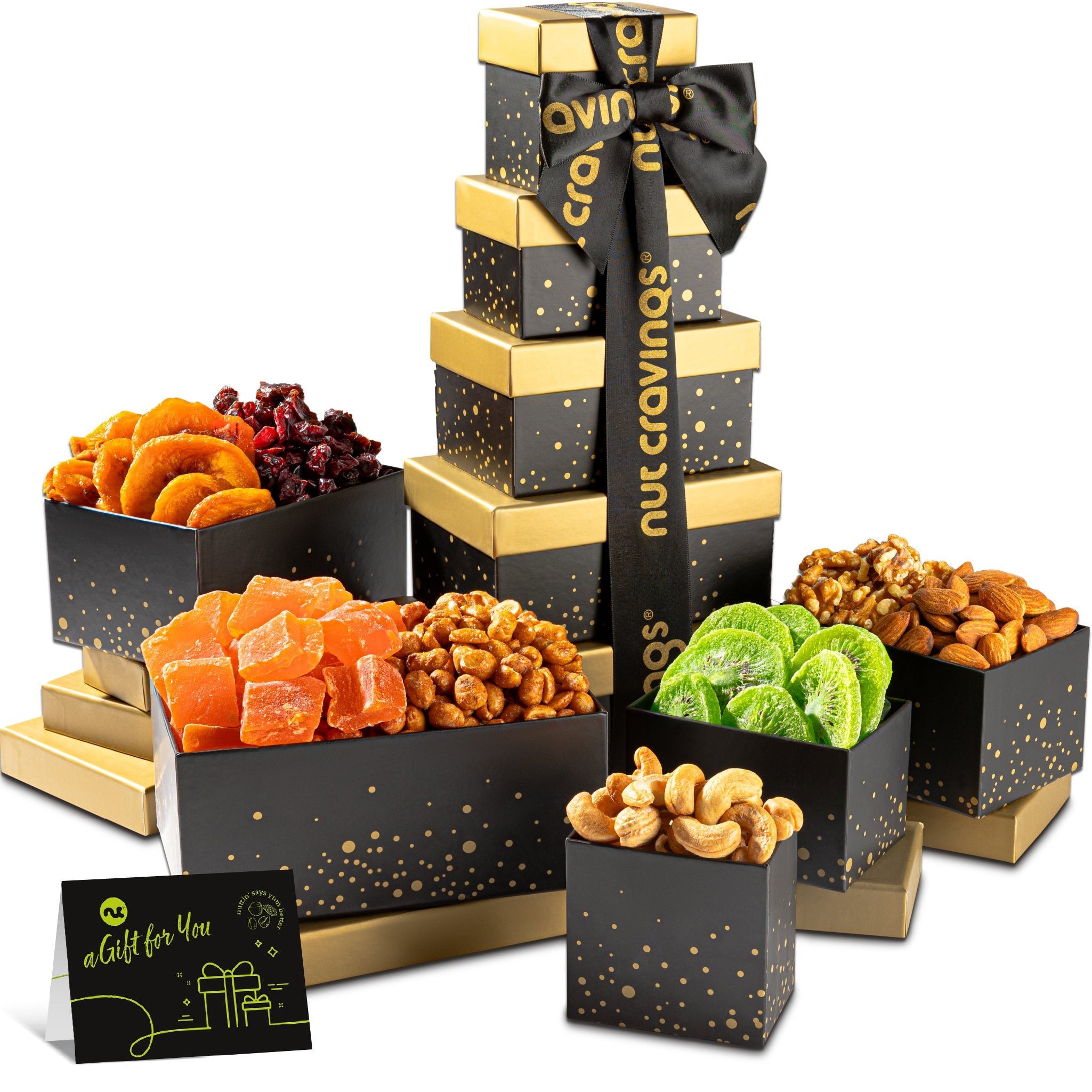 Dried Fruit & Mixed Nuts Gift Basket, Black Tower + Ribbon (8 Assortme ...